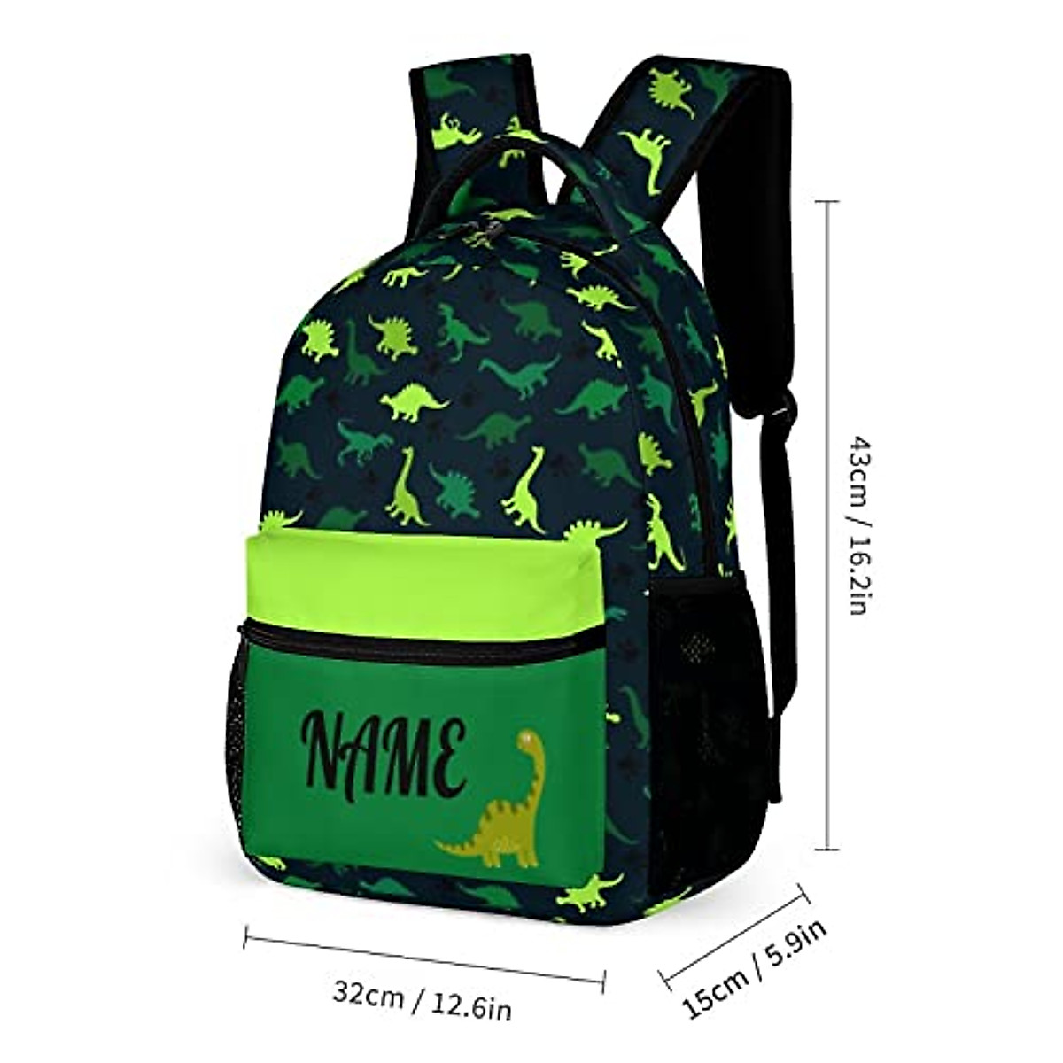 Mrokouay Custom Green Dinosaur School Backpack Set 3 IN 1 Personalized Add Your Name Backpack with Insulated Lunch Bag Pencil Case, Customized Lightweight Kids Bookbag Girls Boys Casual Daypack