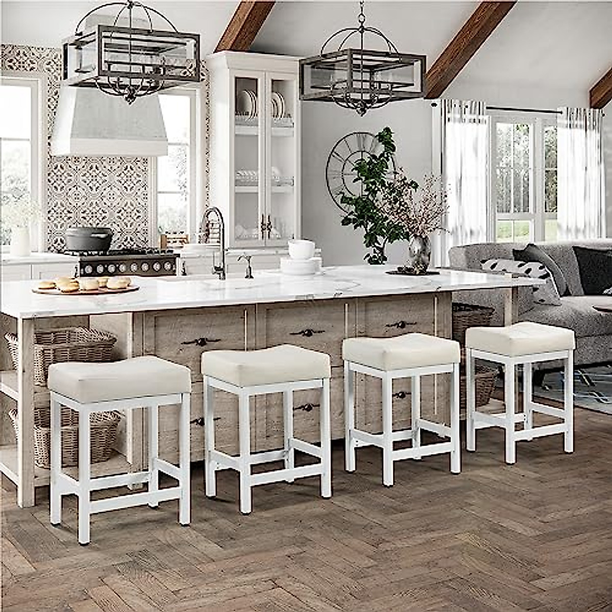 KATDANS Bar Stools Set of 2, 24" Counter Height Saddle Bar Stools, Upholstered PU Leather Bar Stools for Kitchen Island, Mid Century Modern Backless Barstools with Metal Base, KS861P-Cream, 2Pcs