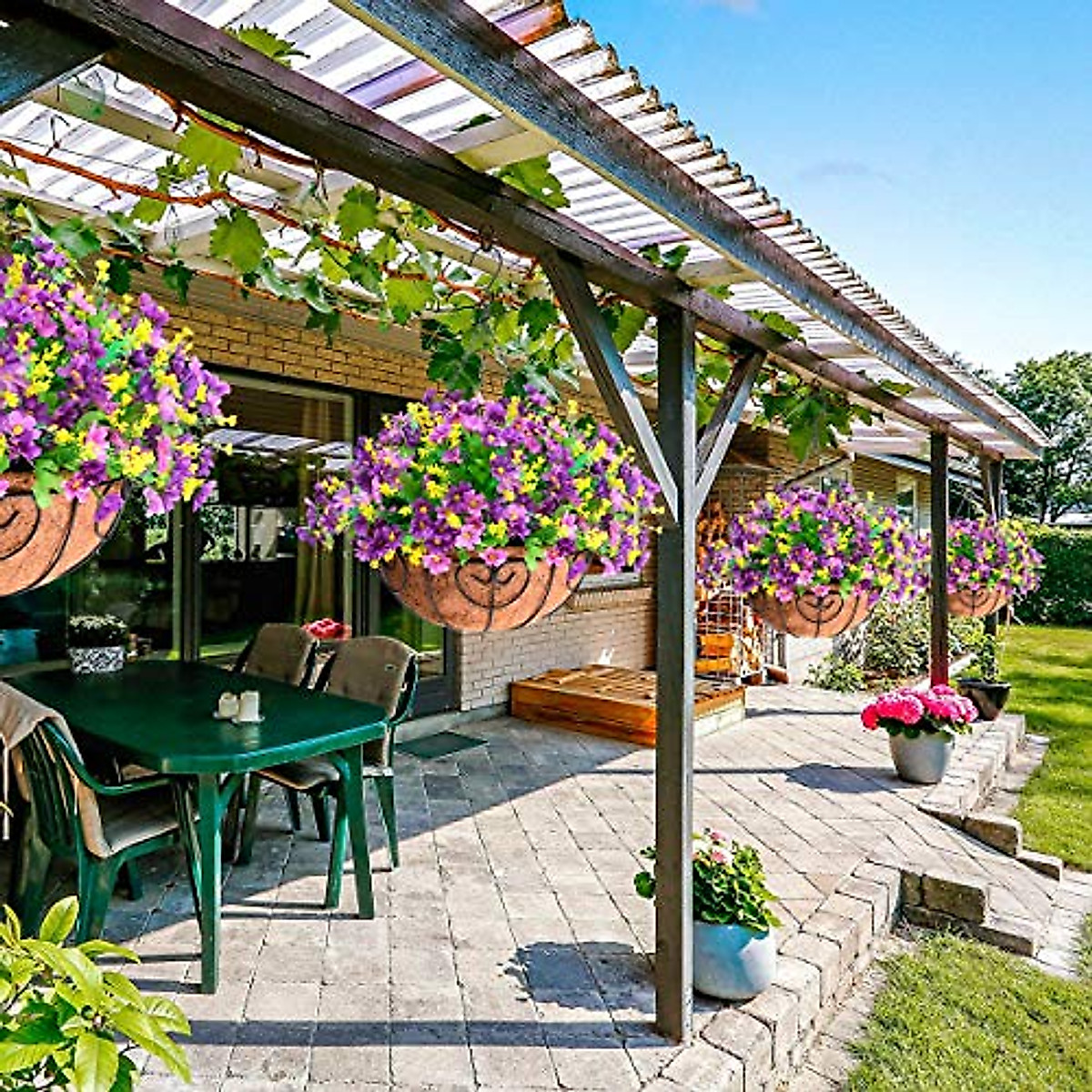 Homsunny Artificial Hanging Flowers in Basket Outdoor Indoor Patio Lawn Garden Decor, Hanging Daisy Basket with 12inch Coconut Lining Chain Flowerpot (Dark Purple)