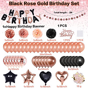 Birthday Decorations Rose Gold Black, ‎KISPATTI 51 Pieces Rose Gold Black Birthday kit with Happy birthday Foil Confetti Balloons, Birthday Party Decorations Supplies for Women Girls 21 30 40 50 70th