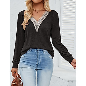 ZESICA Women's 2024 Casual Long Sleeve T Shirts Lace V Neck Trendy Basic Tops Summer Fall Tee Blouse,Black,Medium