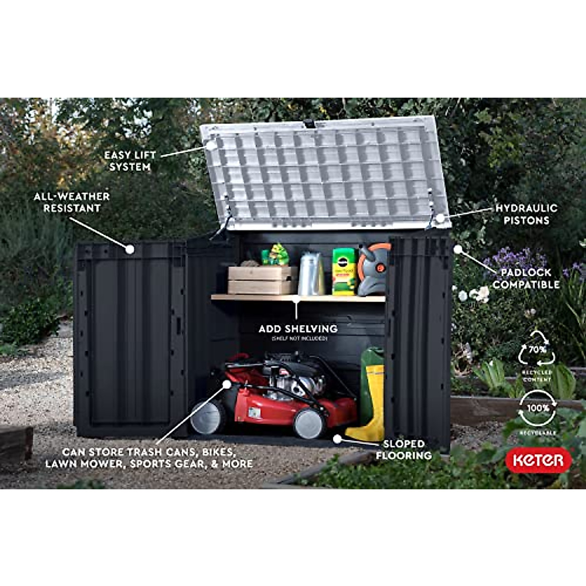 Keter Store-It-Out Prime 4.3 x 2.3 Foot Resin Outdoor Storage Shed with Easy Lift Hinges, Perfect for Trash Cans, Yard Tools, and Pool Toys, Black