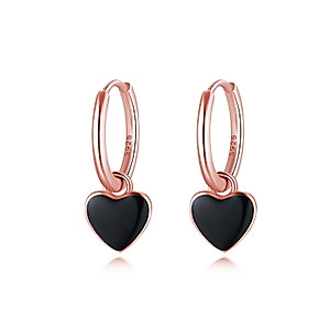 SLUYNZ 925 Sterling Silver Black Heart Hoop Earrings for Women 1.4CM Heart Hoop Dangle Earrings (C-Rose Gold)