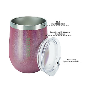 BJPKPK 2 pcs 12oz Insulated Wine Tumblers, 12oz Double Wall Vacuum Coffee Mugs with Lid, Unbreakable Stainless Steel Wine Glasses, Insulated Coffee Cups for Home & Outdoor, Shimmer-Rose Red