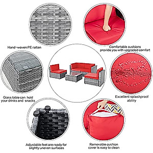 Shintenchi 5 Pieces Outdoor Patio Sectional Sofa Couch, Silver Gray PE Wicker Furniture Conversation Sets with Washable Cushions & Glass Coffee Table for Garden, Poolside, Backyard (Red)