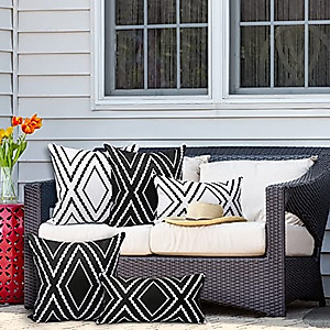 Hckot Outdoor Waterproof Boho Throw Pillow Covers for Patio Furniture Set of 2 Geometric Decorative Pillow Cases for Couch Garden Tent Balcony 18 X 18 Inch(White)