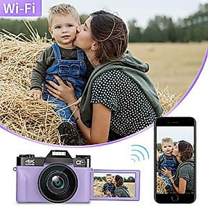 Vlogging Camera for YouTube, 4K 48MP Digital Cameras for Photography with WiFi, 16X Digital Zoom Manual Focus 52mm Wide-Angle Lens & Macro Lens, 32G Micro Card and 2 Batteries (Purple)