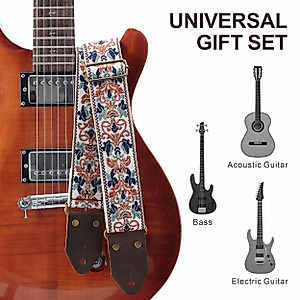 Nefelibata Guitar Strap,Jacquard Embroidery Cotton Guitar Straps with Crazy Horse Leather Ends for Bass, Electric & Acoustic, Best Gifts for Kids, Guitarists(Golden Jacquard)