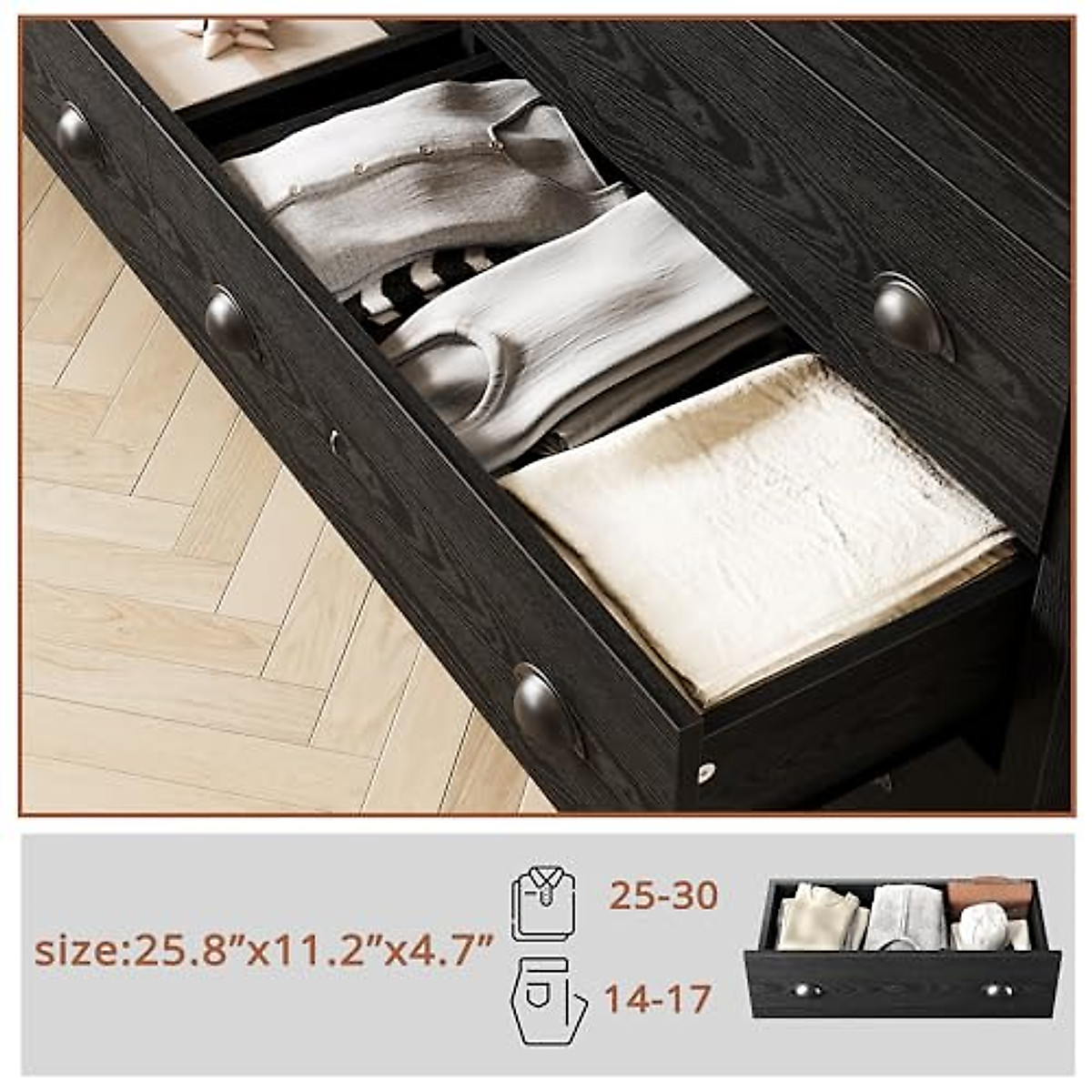 LIKIMIO Dresser for Bedroom 6 Drawer with Charging Station, TV Stand Storage Chest of Drawers for Living Room Hallway Entryway, MDF Board, Black