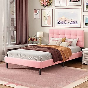 Daznzn Full Size Upholstered Platform Bed Frame, Velvet Bed Frame with Stitched Headboard and Strong Wooden Slat Support, Easy Assembly, No Box Spring Needed, Non-Slip and Noise-Free, Pink