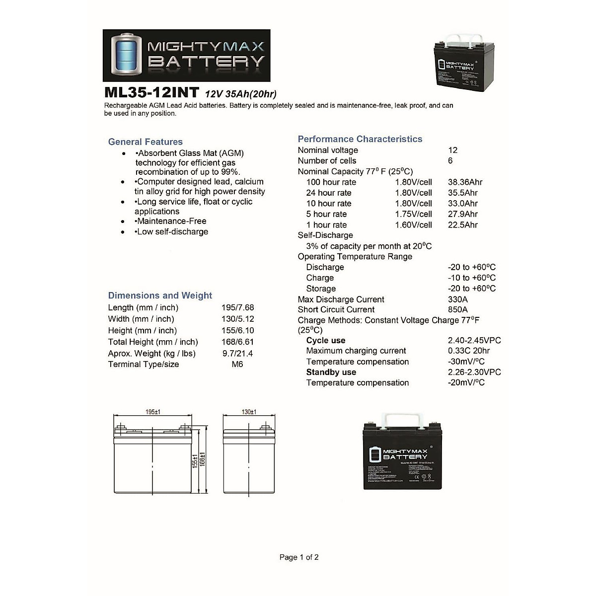 Mighty Max Battery 12V 35AH SLA Internal Thread Replacement Battery Compatible with Interstate SLA1156-2 Pack