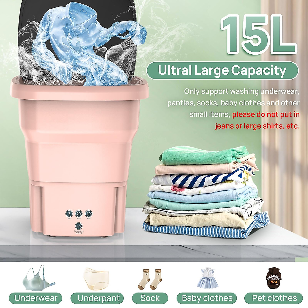 ZLDYPINK Portable Washing Machine,15L Mini Washer, Upgraded Motor Foldable Washer Machine Blue Light Cleaning Small Washer for Underwear, Baby Clothe, Apartment, RV, Travel, Camping (Pink)