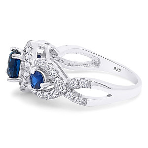 SAVEARTH DIAMONDS Infinity Style, Center 5MM Round Cut Simulated Blue Sapphire And Cubic Zirconia Three Stone Cluster Engagement Ring In 14k White Gold Over Sterling Silver For Women Size-10