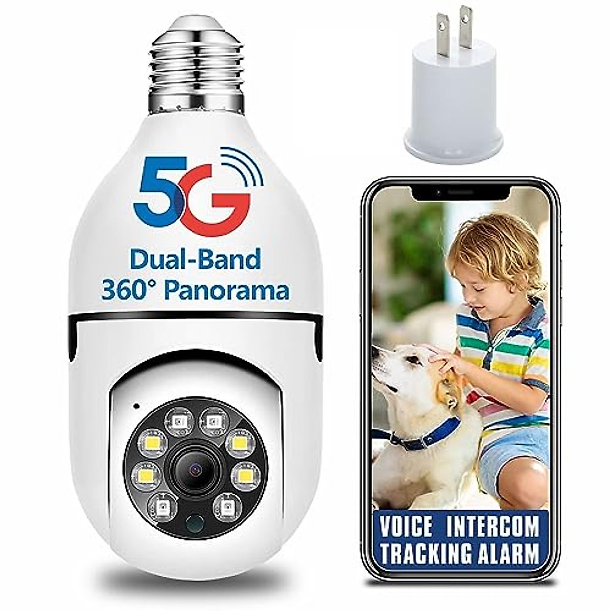 QAMY 3MP Light Bulb Security Camera, 5g WiFi Light Bulb Camera 360 Degree Full Colour Night Vision, Motion Detection, WiFi Panorama Camera Light Bulb Easy to Install, Support for Cloud Services
