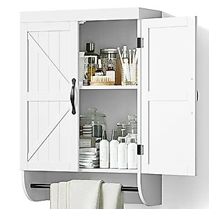 SRIWATANA Bathroom Storage Wall Cabinet Over The Toilet with Adjustable Shelf, Space Saver 2-Door Medicine Cabinet with Tower Bar, White