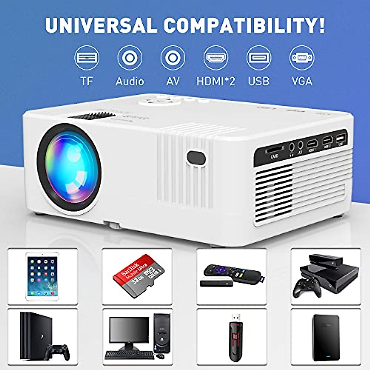 Mini Outdoor Projector, 2022 Upgraded Brightness, 1080P Supported WiFi Projector, Portable Movie Projector for Home Theater Compatible with TV Stick HDMI USB AV