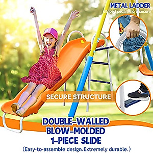 SMkidsport Swing Sets for Backyard with Slide, Basketball Hoop, Two Swing Seats and Gymnastics Rings, Playground Set for Kids Outdoor