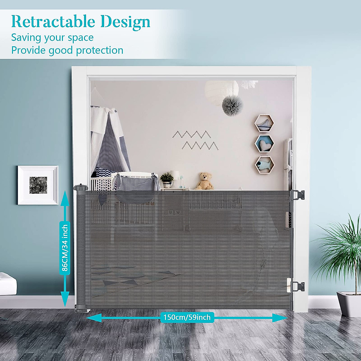 Retractable Baby Gate, Extra Wide Child Mesh Safety Gate with 2 Sets of Mounting Hardware, Pet Dog Gate 34" Tall, Extends to 59" Wide for Stairs, Doorways, Hallways, Deck, Banisters Indoor/Outdoor