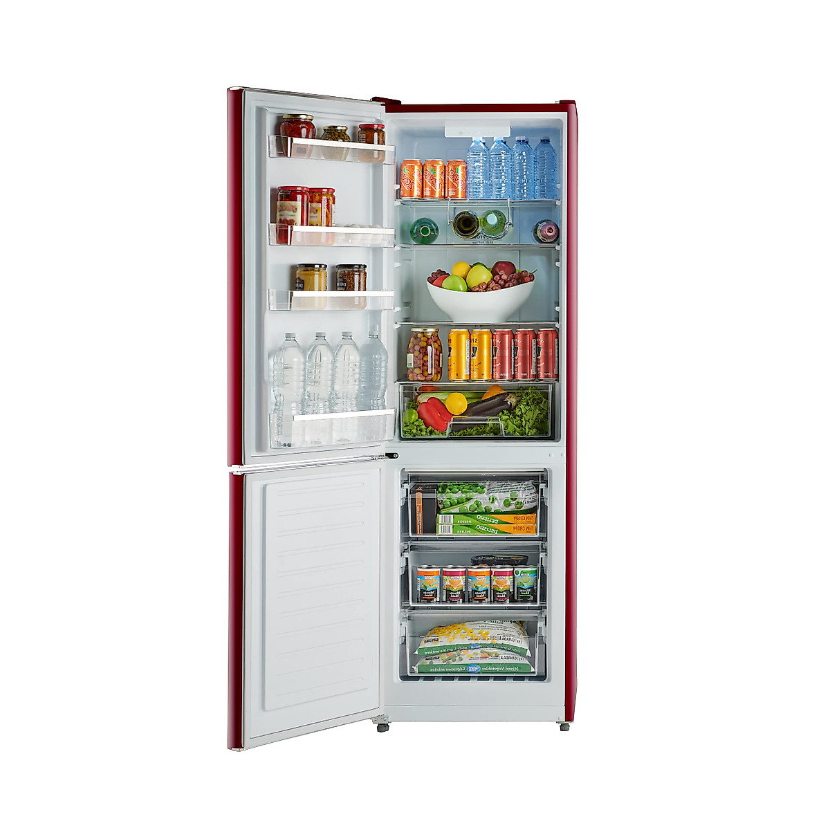 iio 24" 11 Cu Ft Bottom Freezer Retro Refrigerator, Fridge for Bedroom, Multiflow 360°, Small Mini Ice Cube Tray, 1 Fruit container, LED, Dorm Office Beverage Quiet Compressor, Wine Red (Left Hinge)