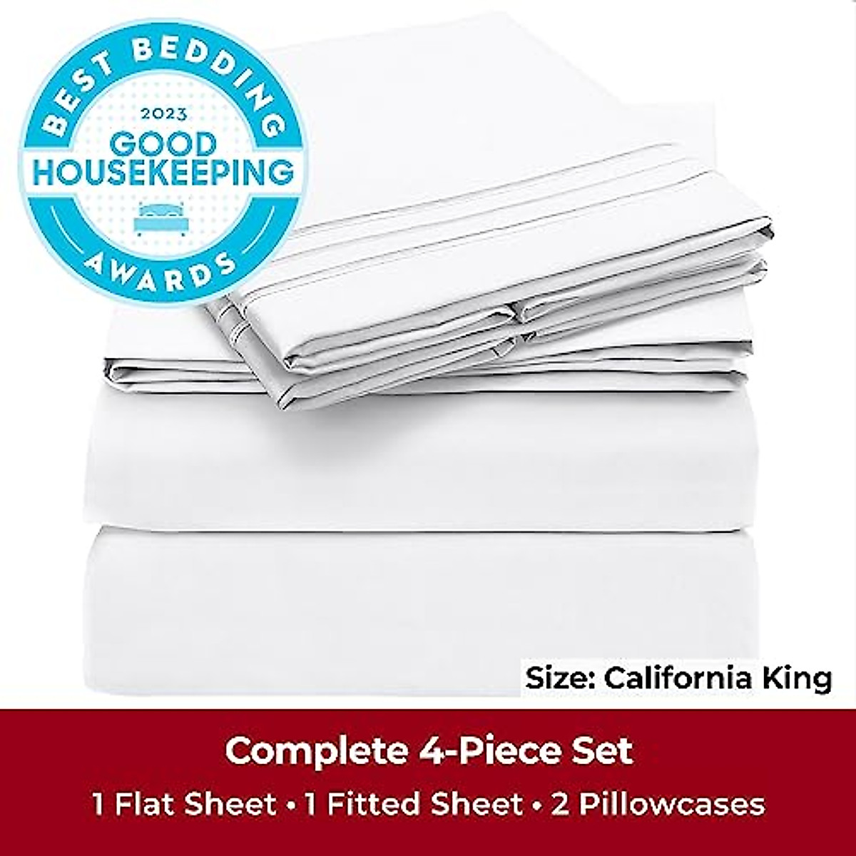 Mellanni California King Sheet Set - 4 Piece Iconic Collection Bedding Sheets & Pillowcases - Extra Soft, Cooling Bed Sheets - Deep Pocket up to 16" - Wrinkle, Fade, Stain Resistant (Cal King, White)