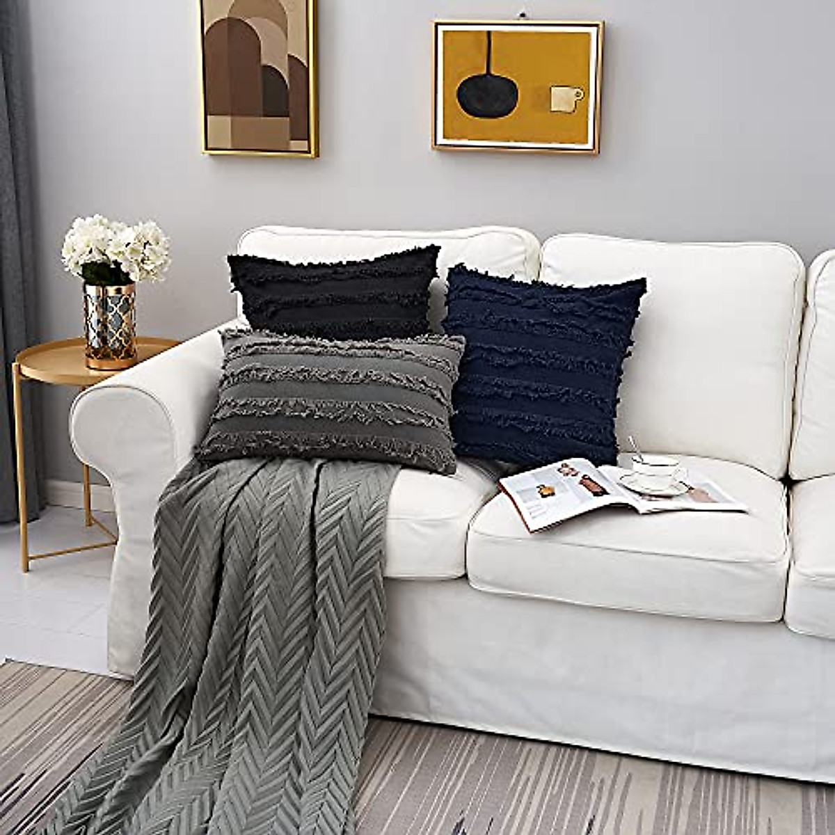 Longhui bedding Black Throw Pillow Covers for Couch Sofa Bed, Cotton Linen Decorative Pillows Cushion Covers, 18 x 18 inches, Set of 2, No Inserts