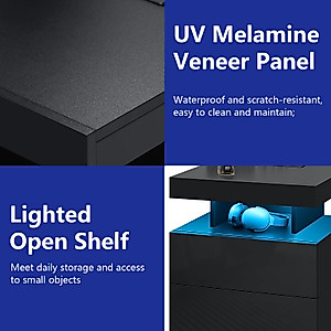 HOMMPA Black LED Nightstand with Charging Station 2 Outlets USB Port Type C, Bed Side Table with 2 Drawers & Wireless Charging Station, Smart LED Nightstand Modern High Gloss Night Table with Light