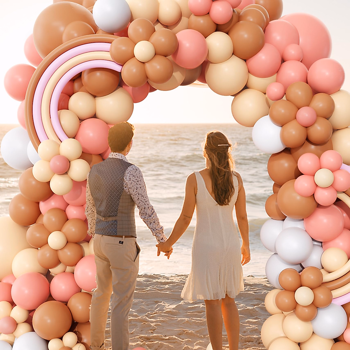 Boho Daisy Flower Balloon Garland Arch Kit, Dusty Pink Nude Blush Brown Long Twisting Balloons for Two Groovy Engagement Anniversary Girls Baby Shower Birthday Rainbow Bridal Party Decorations