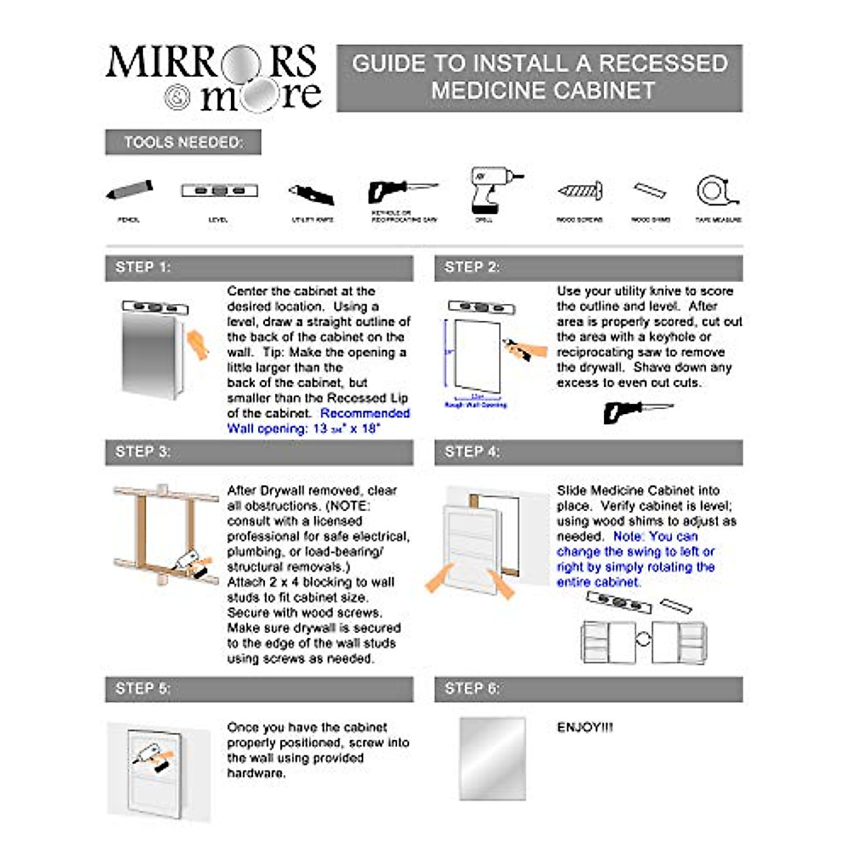Mirrors and More 16" x 22" Medicine Cabinets for Bathroom with Mirror - Frameless Pencil Edge, Recessed, Modern Home Décor, Polish Edge, Adjustable Shelves