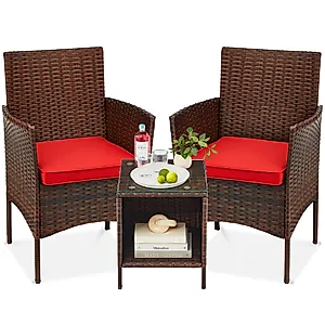 Best Choice Products 3-Piece Outdoor Wicker Conversation Bistro Set, Space Saving Patio Furniture for Yard, Garden w/ 2 Chairs, 2 Cushions, Side Storage Table - Brown/Red
