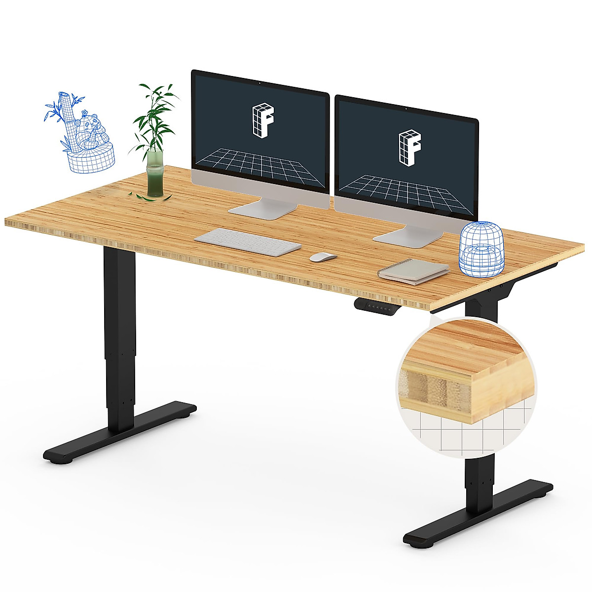 FLEXISPOT Pro Bamboo 3 Stages Dual Motor 55x28 Inch Electric Height Adjustable Standing Desk Whole-Piece Board Desk Sit Stand Up Desk (Black Frame + Bamboo Desktop)