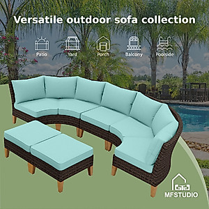 MFSTUDIO 12 Pieces Extra Large Wicker Patio Furniture Set, Rattan Outdoor Half-Moon Sectional Sofa Curved Patio Conversation Set, 8 x Curved Sofa, 2 x Armless Sofa, 2 x Ottoman(Aqua Blue Cushion)