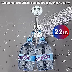 Liccyy Adhesive Shower Head Holder with Wall Shelves, Strong Self Adhesive Adjustable Waterproof Multifunction Handheld Shower Wand Holder Bracket with 3 Hanger Hooks,Wall Mount,No Drilling, Silver