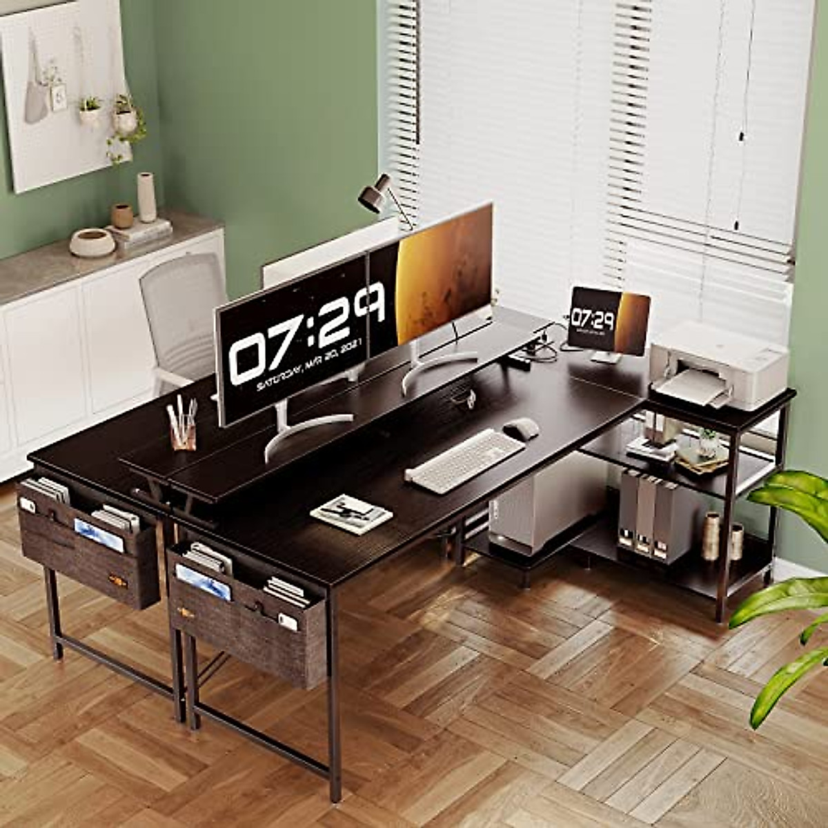 ODK L Shaped 66 Inch Computer Desk with USB Charging Port & Power Outlet, L-Shaped Gaming Desk with Storage Shelves & Monitor Shelf for Home Office Workstation, Modern Writing Table, Black