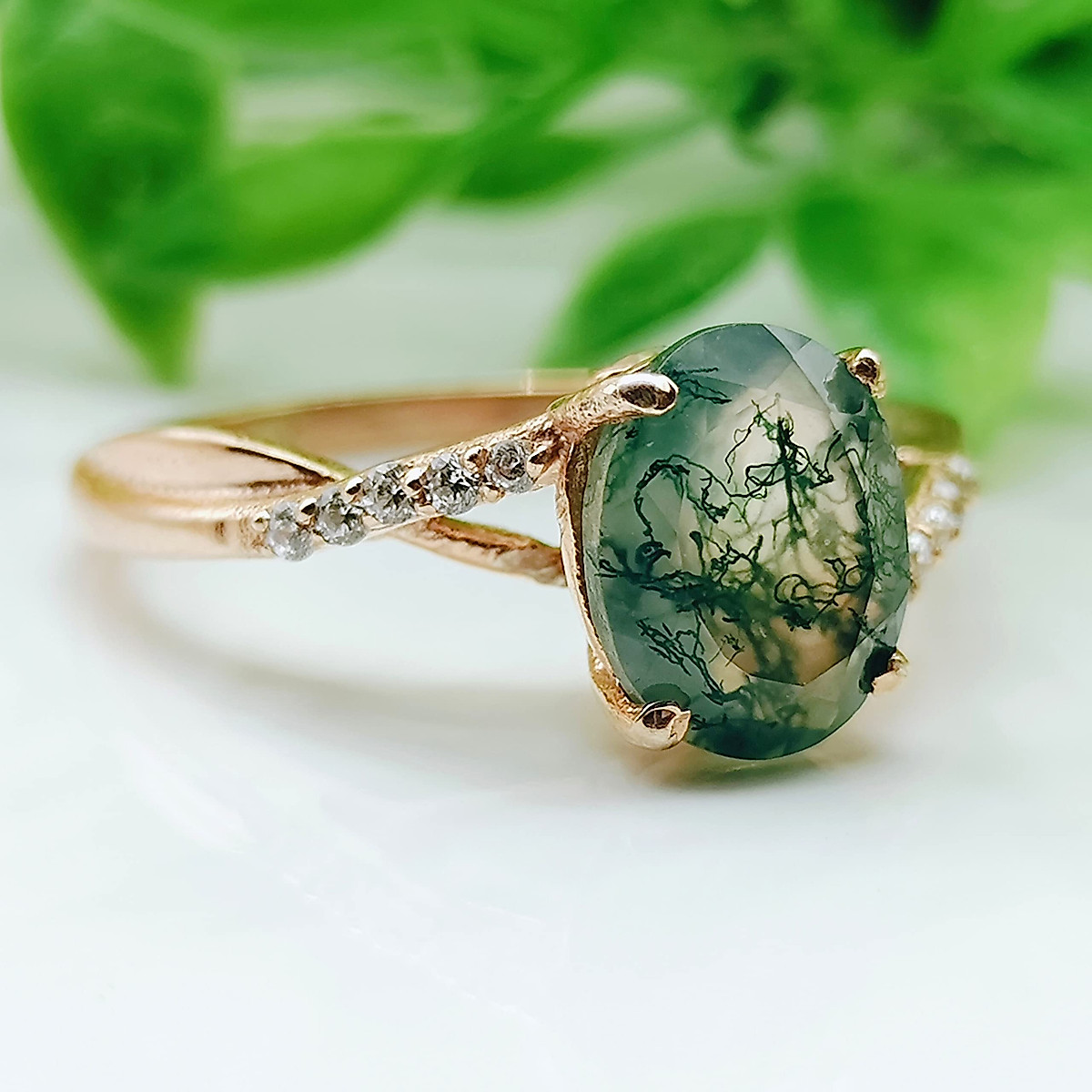 Natural Moss Agate Ring For Women Oval Shaped Rose Gold Ring Silver Ring Delicate Ring Stacking Ring Promise Ring For Women's Birthday Gift By FOREVER GEMS & JEWELS