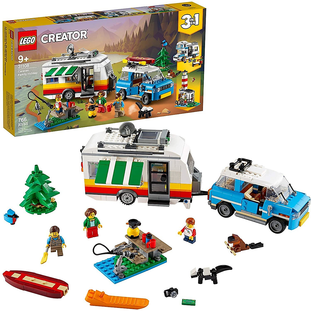 LEGO Creator 3in1 Caravan Family Holiday 31108 Vacation Toy Building Kit for Kids Who Love Creative Play and Camping Adventure Playsets with Cute Animal Figures (766 Pieces)