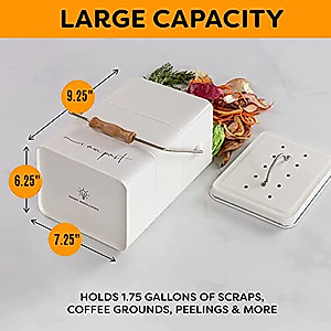 Compost Bin for Kitchen - Farmhouse Countertop Composting Container - 1.7 Gallon Carbon Steel Pail for Food Scraps - Metal Bucket with Lid, Wooden Handle & Charcoal Filter