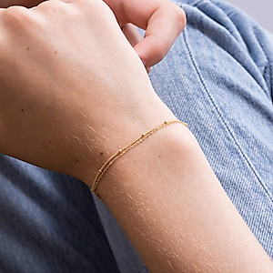 Aobei Pearl 18k Gold Beaded Chain Bracelet Satellite Chain Link Bracelet Minimalist Layering Jewelry for Women 7''