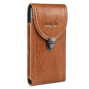 Hengwin Genuine Leather Vertical Cell Phone Holster Samsung Galaxy A72 A52 A12 A32 S21+ S22 Ultra Note 20 Ultra Moto One 5G LG Stylo 6 OnePlus Nord N10 Belt Case Pouch with Belt Clip Loop Holder Brown