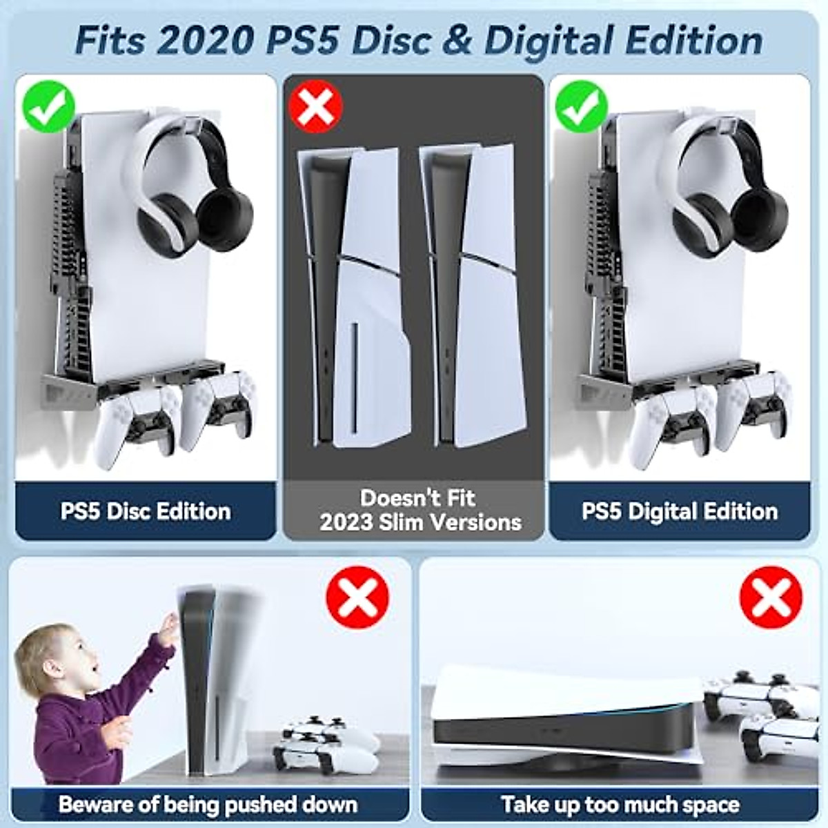 PS5 Wall Mount Kit with Charging and Cooling Fan, PS5 Floating Shelf Wall Mount Stand for PS5 Console, PS5 Controller Wall Mount Charger Accessories with PS5 Cooling Station,Headset Holder
