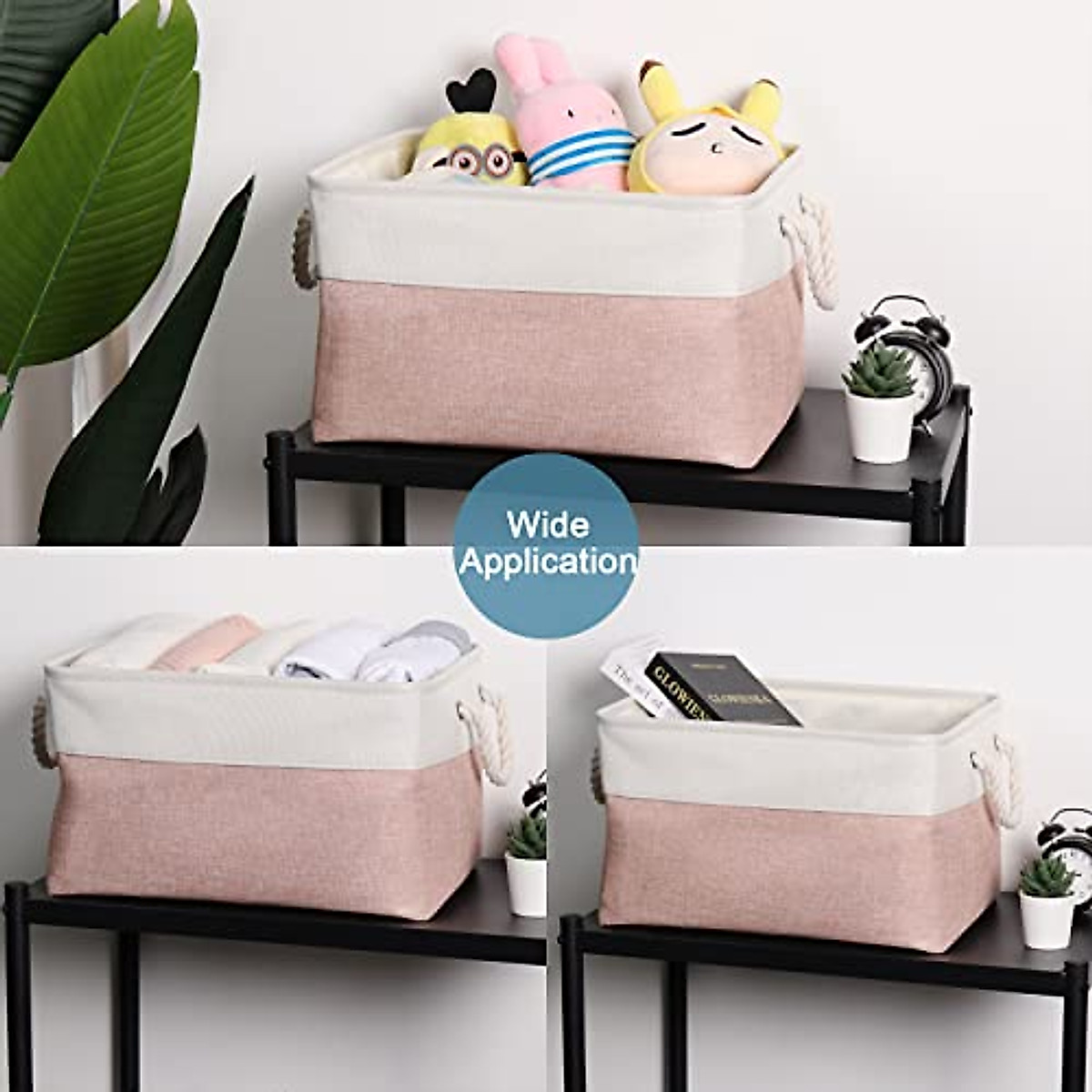 HOdo Home Fabric Storage Bin with Drawstring Closure and 2 Bold Handles, Collapsible Large Canvas Storage Baskets for Organizing Shelf Nursery Home Closet (White&Pink, 15.8L×11.8W×9.5H - 3Pack)