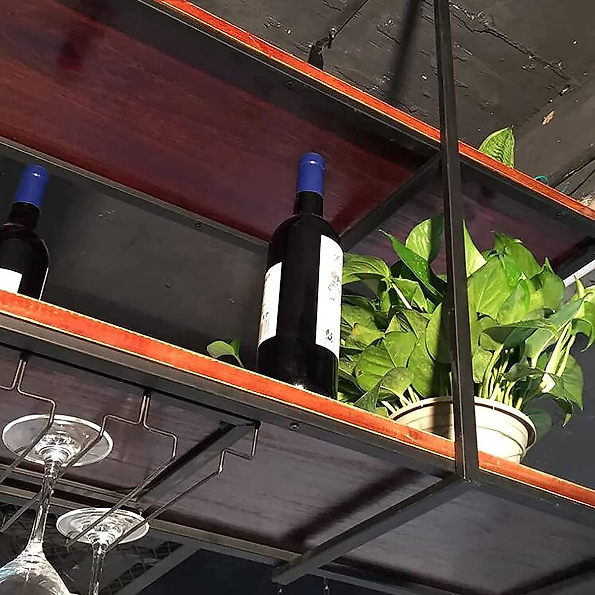 Ceiling Glass Rack Floating Shelves,Ceiling Shelf,Retro Bar Restaurant Iron Ceiling Mounted Storage Shelf/Hanging Decorative Floer Stand,Can Bear 65kg