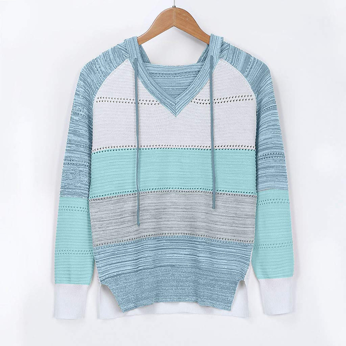 YAnGSale Top Casual Patchwork Sweater Women Fashion Hoodies Long Sleeves Shirt Hooded Blouse Knit Pullover (Sky Blue, XXXL)