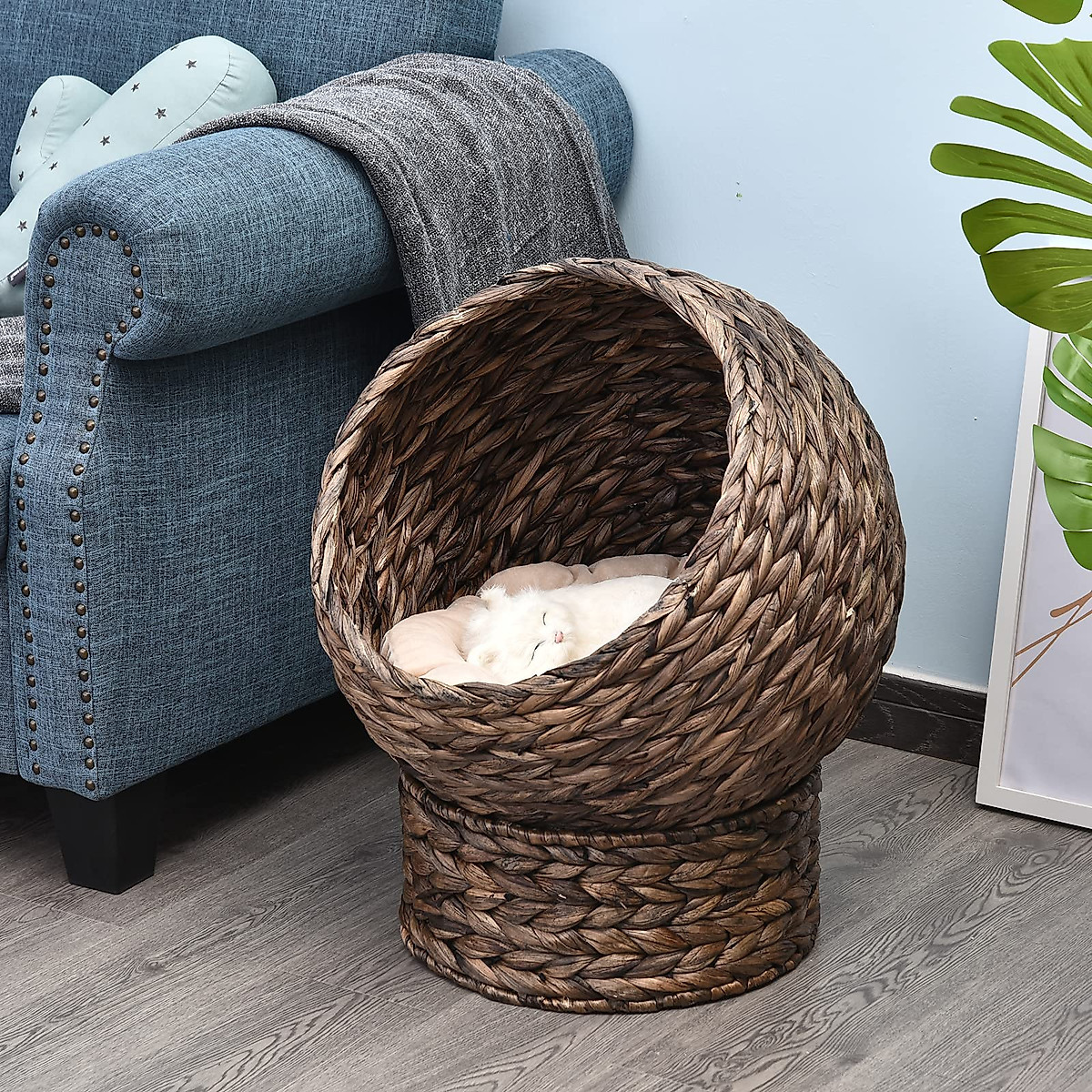 PawHut Handwoven Elevated Cat Bed with Soft Cushion & Cat Egg Chair Shape, Cat Basket Bed Kitty House with Stand, Raised Wicker Cat Bed for Indoor Cats, 23.5" H, Grey