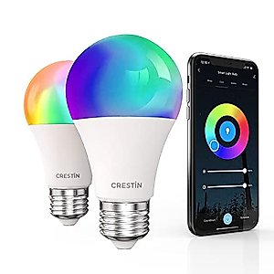 CRESTIN Smart Light Bulbs LED, RGBCW Color Changing Light Bulbs 2.4GHz WiFi &Bluetooth, Dimmable, Music Sync, Schedules, A19 E26, 9W=60W, 800LM Work with Alexa&Google Assistant, No Hub Required 2 Pack