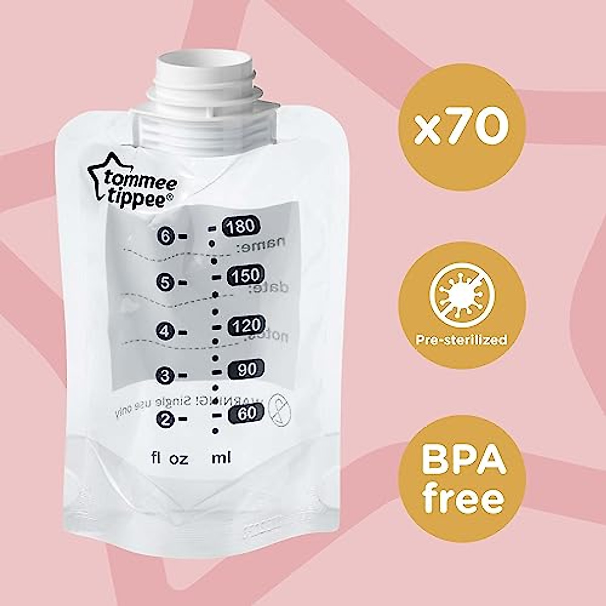 Tommee Tippee Breast Milk Pouches (70 Count) Compatible with All Leading Breast Pumps and Bottle Nipples, BPA-Free