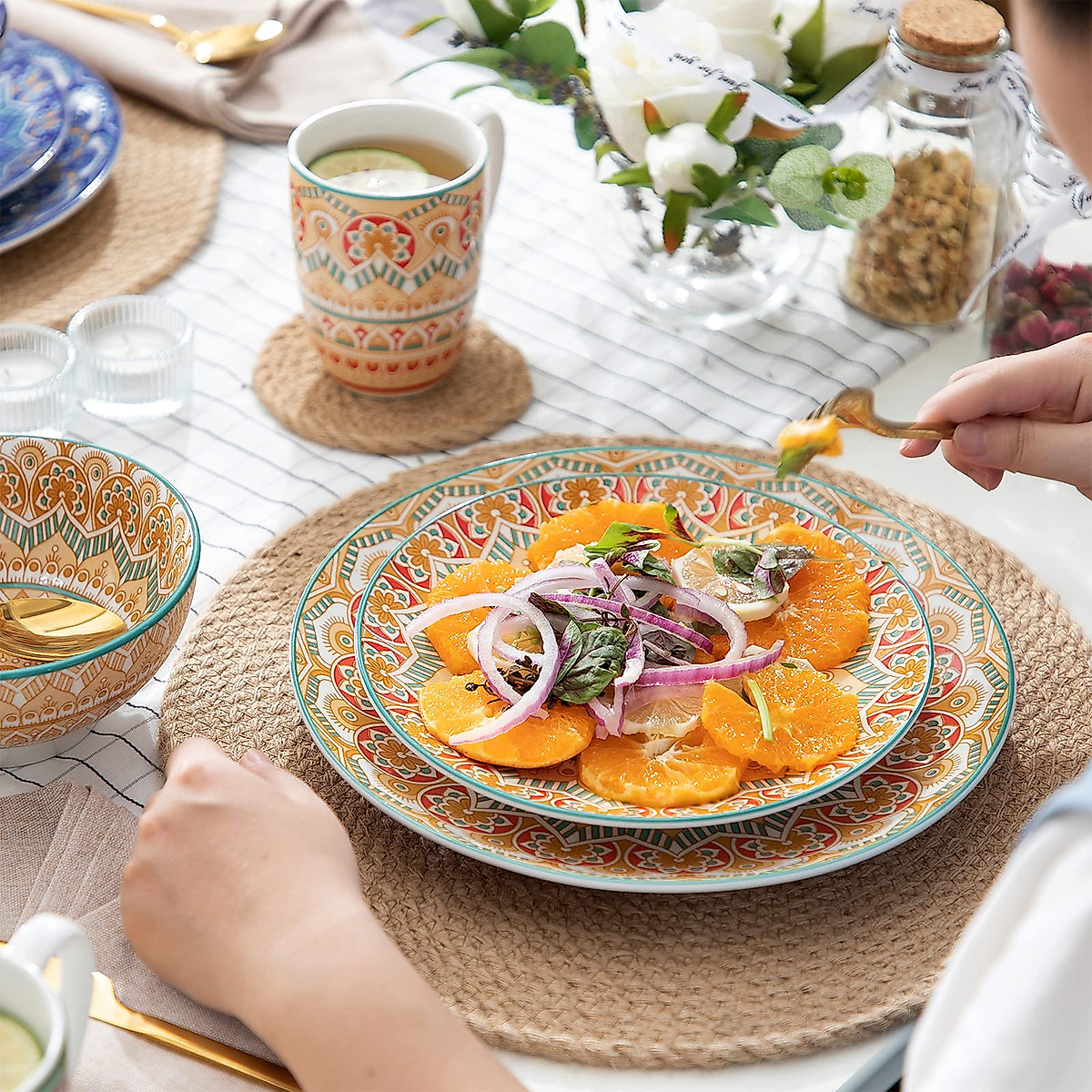 vancasso Mandala Dinnerware Sets 16 Pieces Porcelain Dinner Set for 4 Boho Plates and Bowls Dish Set with 10.5in Dinner Plates, 8in Dessert Plates, 6in Bowls and 13oz Mugs