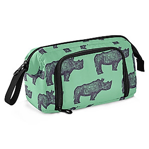 Fisyme Rhino Rhinoceros Green Pencil Case Large Capacity Pencil Pouch Pen Bags Box Big Makeup Pencil Case Organizer