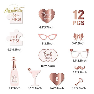 NICROLANDEE Wedding Photo Props Kit, 12 PCS Rose Gold Engagement Photo Props Accessories with Bamboo Sticks for Bride to Be Night Party, Fall Bridal Shower Wedding Favour Party Decorations