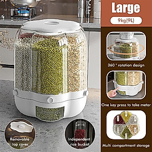 XOYZUU Food Grain Storage Container Large Capacity 9L 6-Grid Rotatable Rice Dispenser Sealed Grain Food Storage Box Kitchen Storage Bucket for Home Kitchen