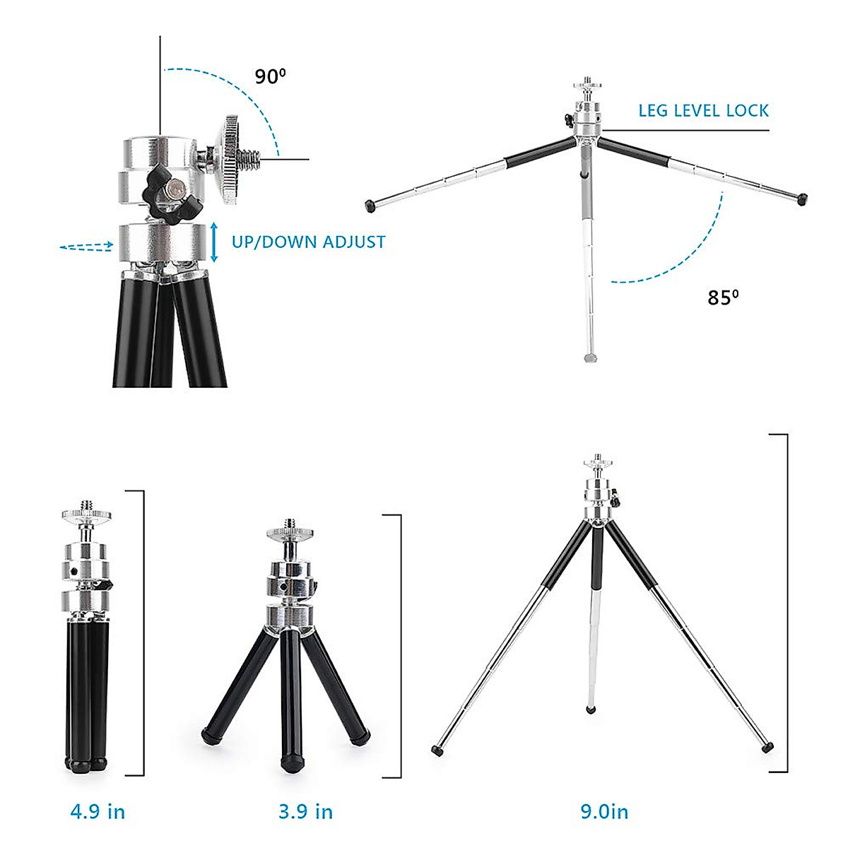 Tripod for Phone and Webcam, 4-9 inch Extendable Phone Webcam Tripod Stand with Phone Holder, (2rd Generation,Double-Layer), Lightweight Mini Tripod